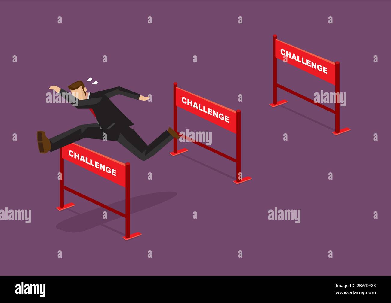 Businessman jumping over series of hurdles with text Challenge on them. Vector cartoon ...