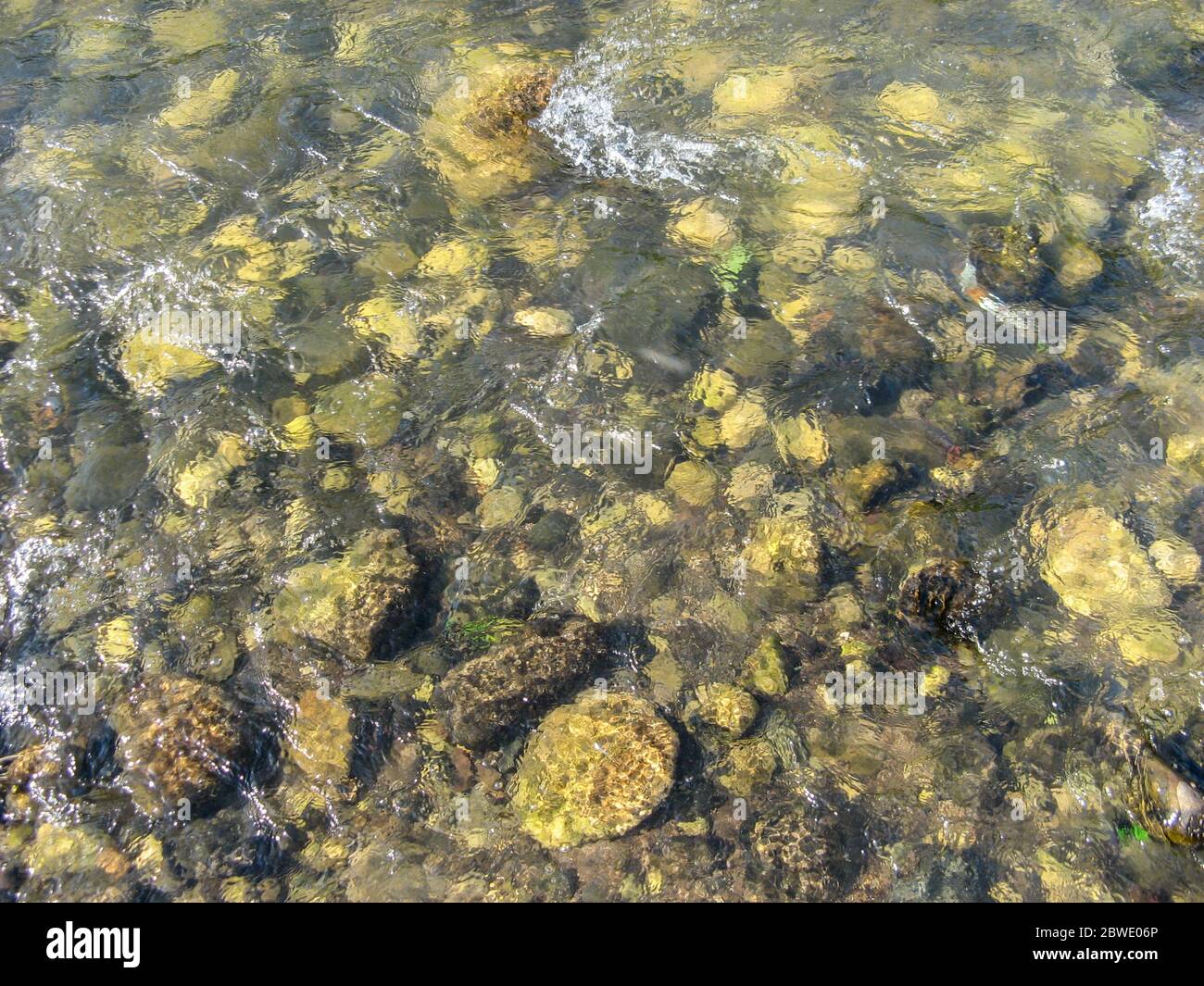 Clear water of river under sunlight. River stones in the clear river ...