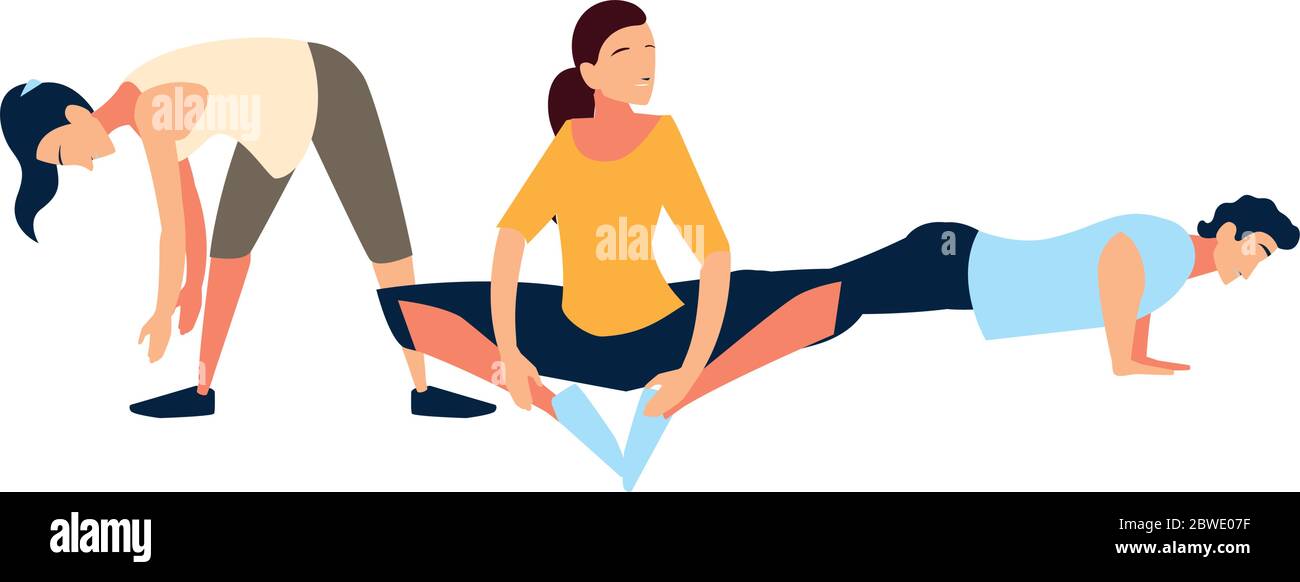 people doing stretching and strength exercise vector illustration ...
