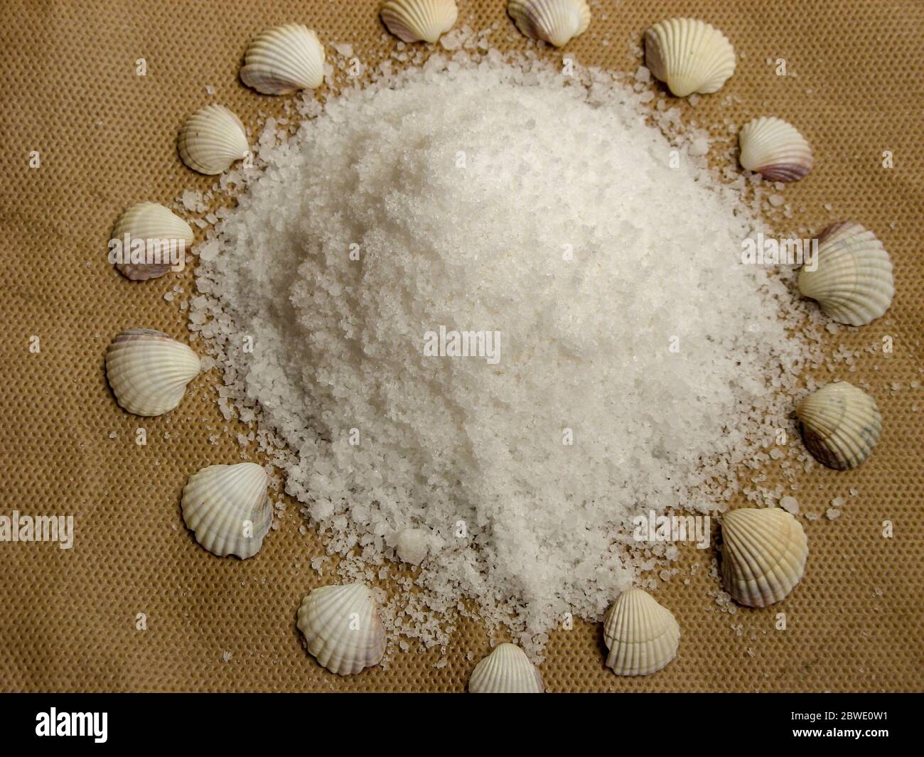 Sea salt surrounded by shells on brown background Stock Photo - Alamy