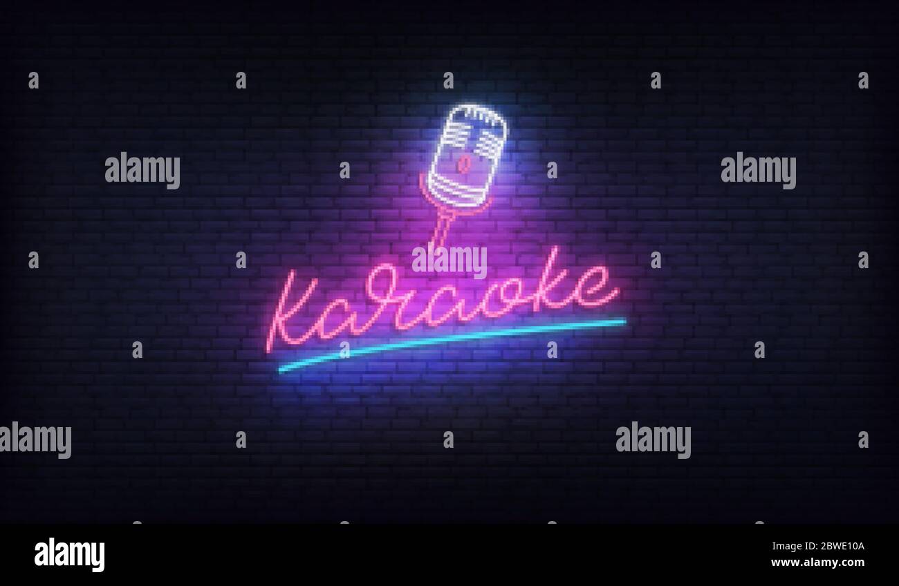 Karaoke neon sign. Neon label with microphone and Karaoke lettering ...