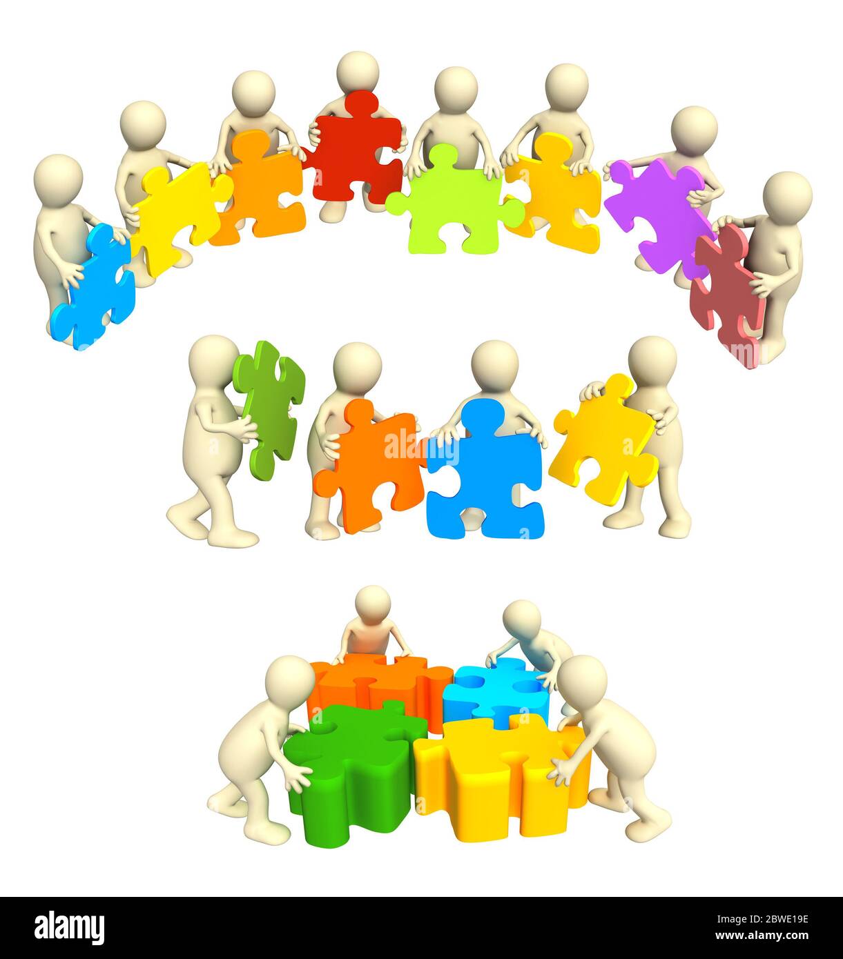 Success of teamwork. Set of 3d mans with part of puzzles of red color ...