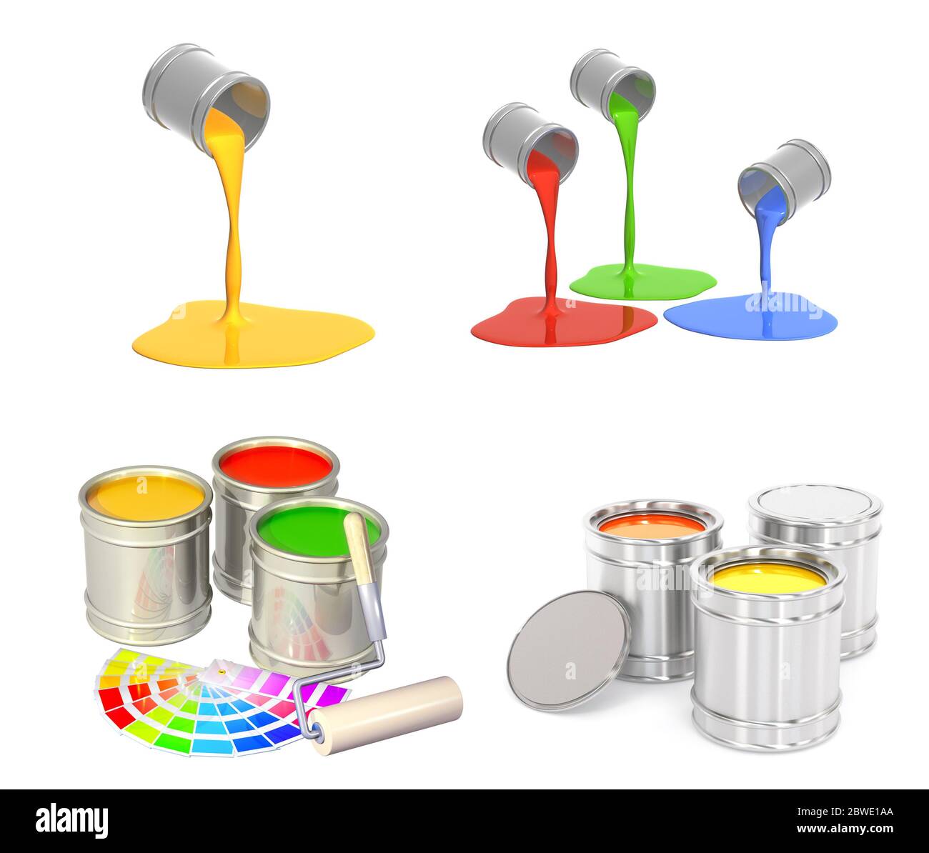 Construction paints in different colors in a jars. Roller and paints in ...