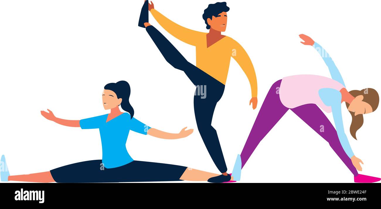 people doing stretching and strength exercise vector illustration ...