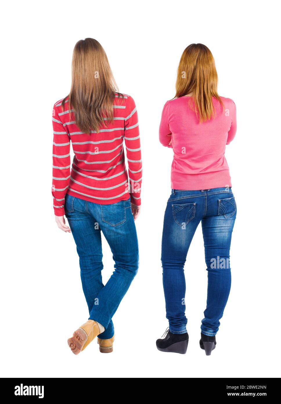Back view of two woman in sweater. Rear view people collection ...