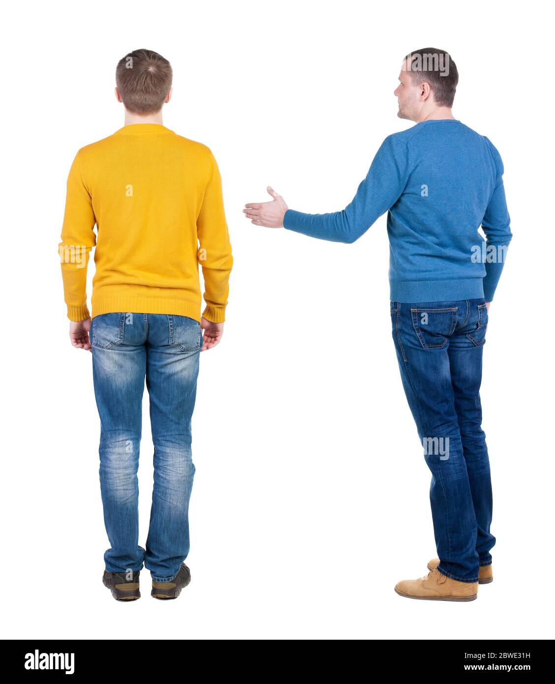 Back view of two man in sweater pointing. Rear view people collection ...