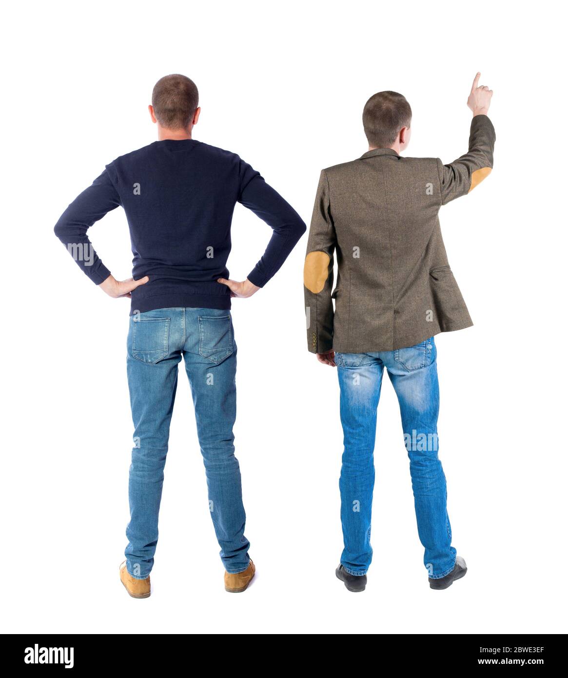 Back view of two man in sweater pointing. Rear view people collection ...
