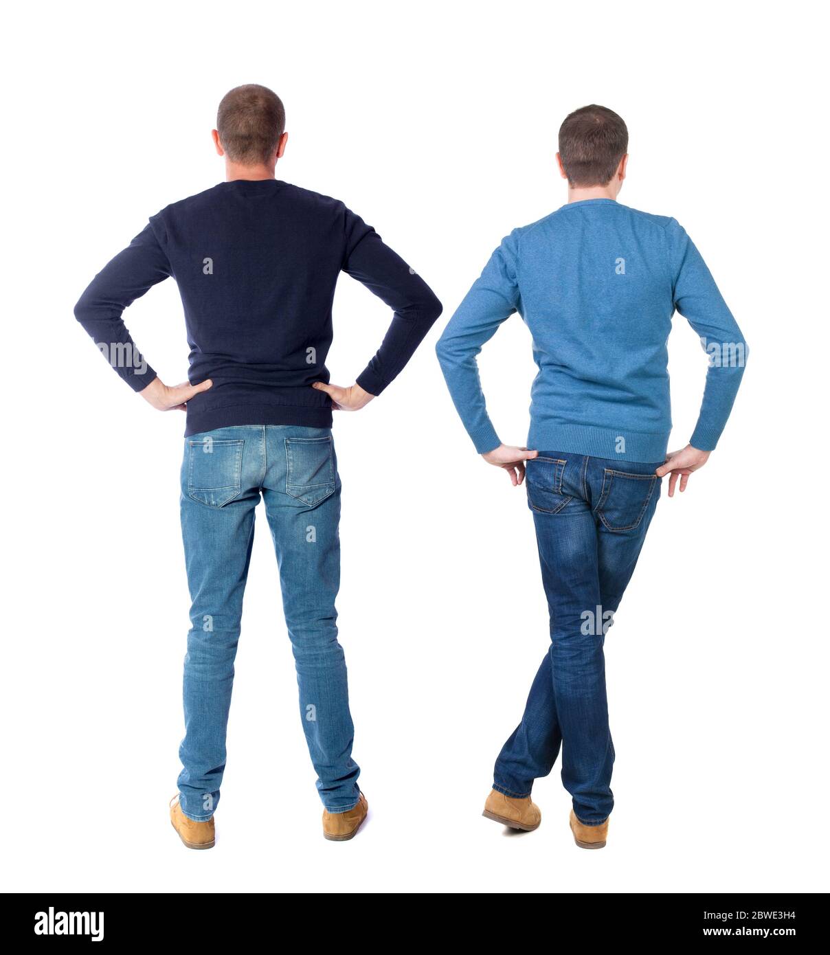 Back view of two man in sweater pointing. Rear view people collection ...