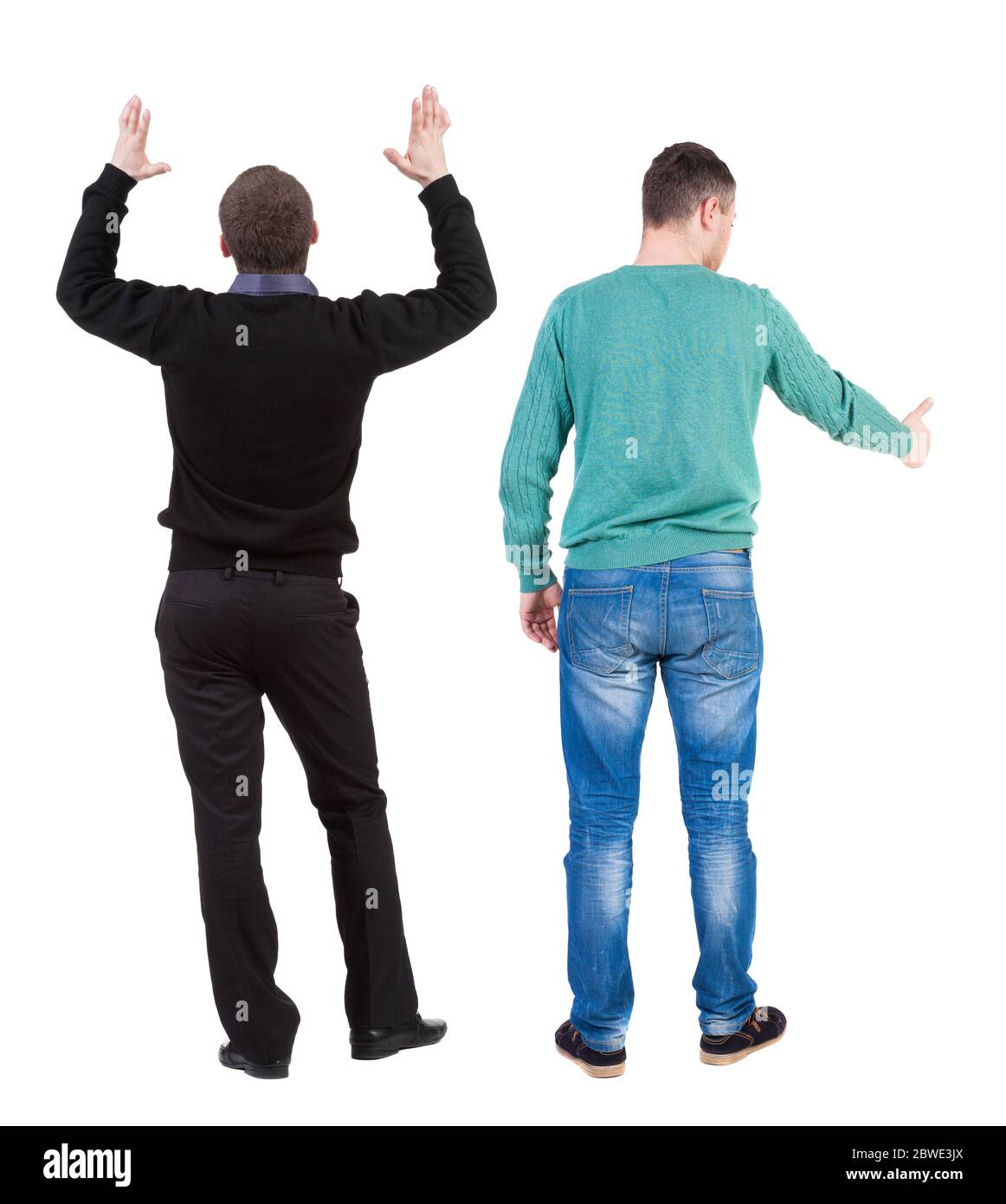 Back view two man in sweater showing thumb up. Rear view people ...