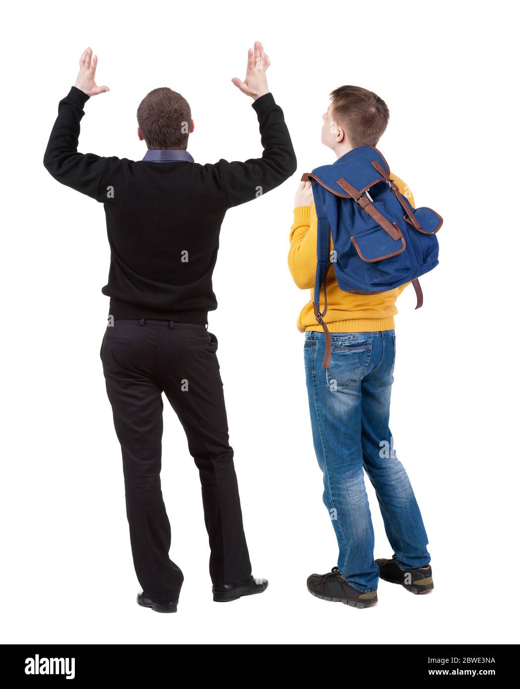 Back view of two man in sweater pointing. Rear view people collection ...