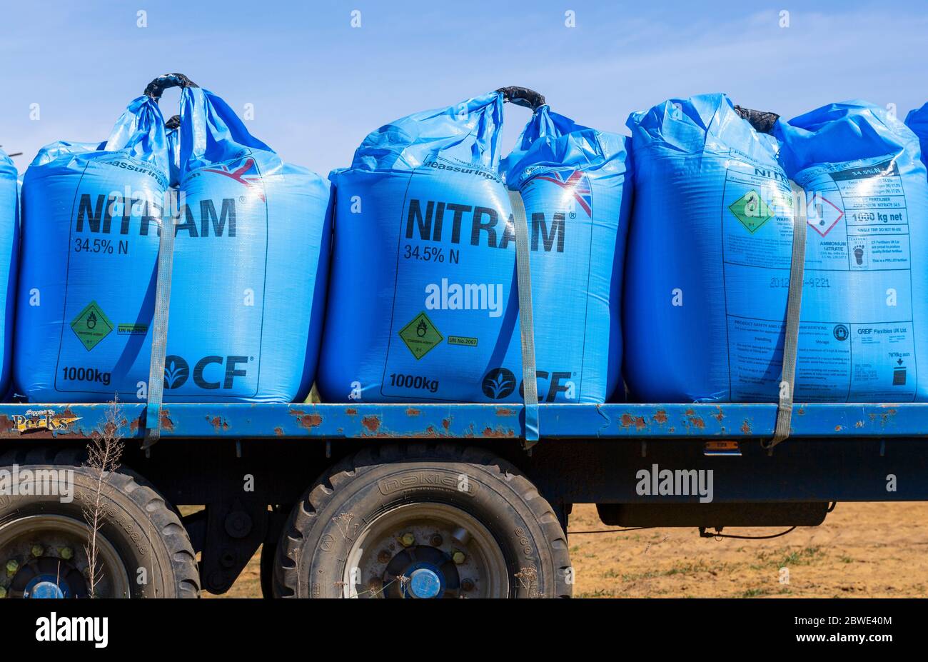 Bags of blue Nitram nitrogen fertiliser on back of lorry trailer ...