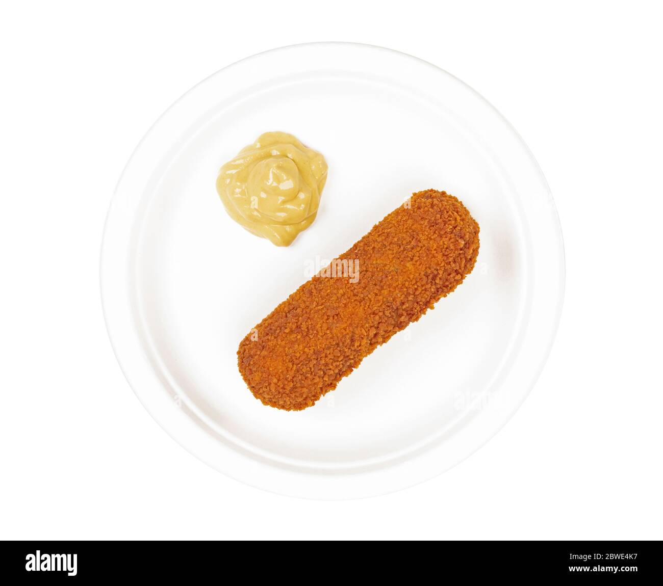 Brown crusty dutch kroket with mustard on a white plate isolated on a ...