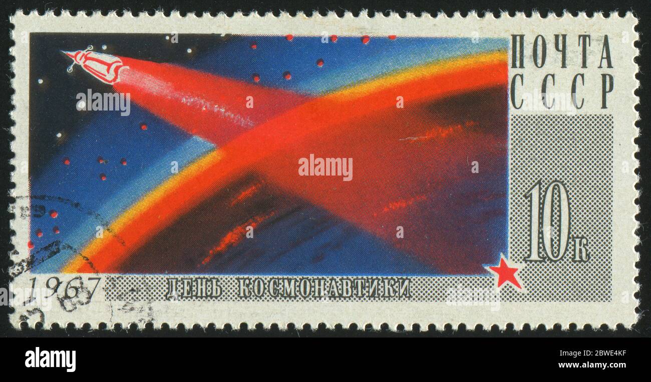 RUSSIA - CIRCA 1967: stamp printed by Russia, shows planet and rocket ...
