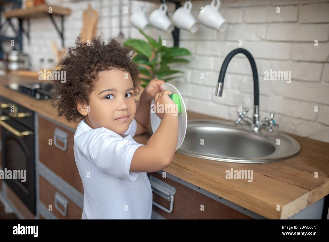 Pretty curly-haired kid washing the plate and looking serious Stock ...