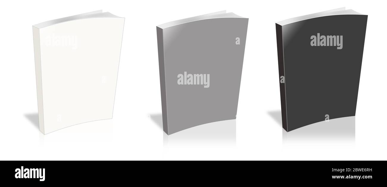 Blank vertical book template standing on white surface. White, grey ...