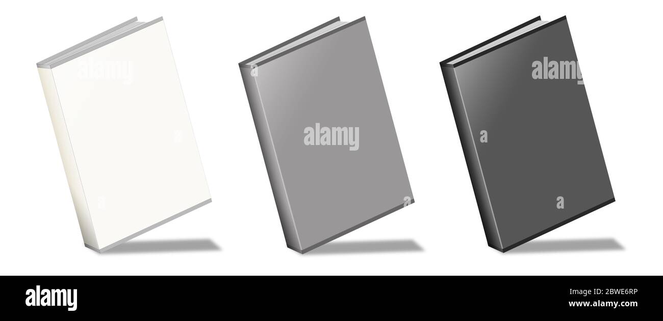 Blank vertical book template standing on white surface. White, grey ...