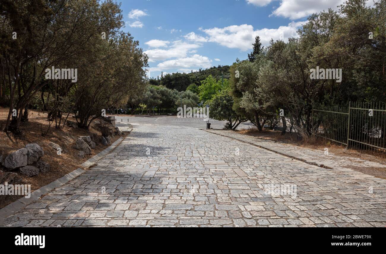 Athens, Greece. Cobblestone pathway from Acropolis to Areopagitou ...