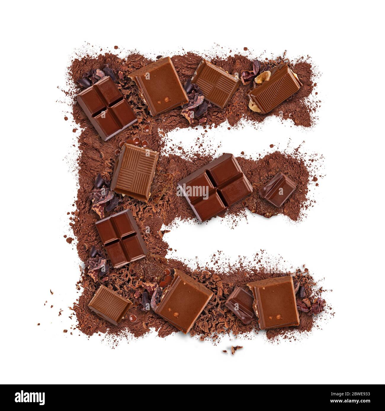 Letter E made of chocolate bar pieces isolated on white background ...
