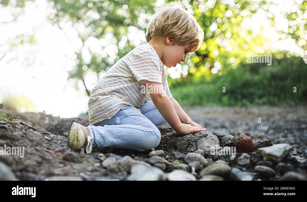 Side view of small boy playing with rocks and mud in nature Stock Photo ...