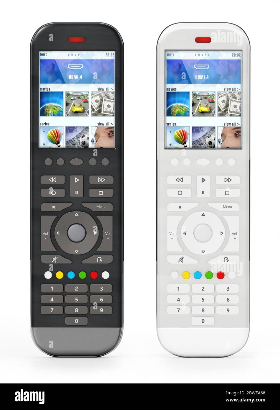 Generic modern smart TV remote controls with color display. 3D ...