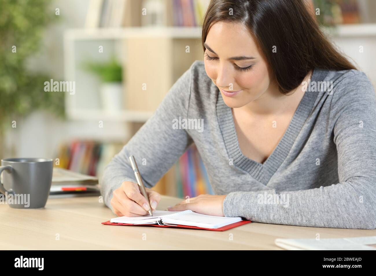 Happy girl writing notes on agenda sitting on a desk in the living room ...