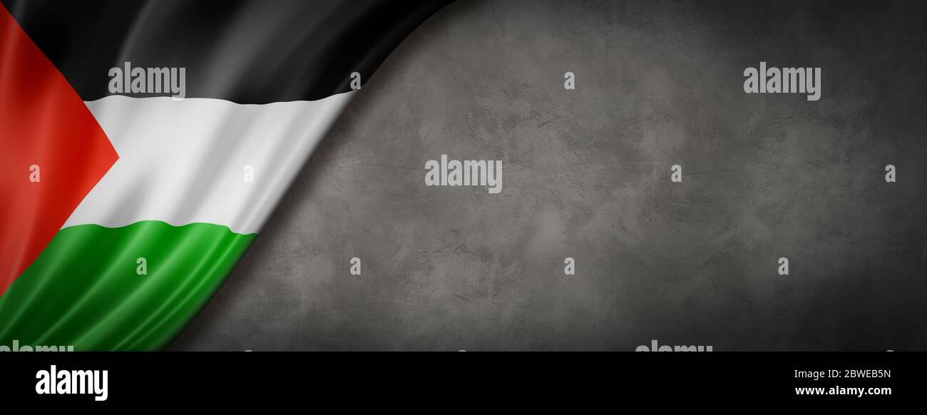 Palestine flag on concrete wall. Horizontal panoramic banner. 3D ...