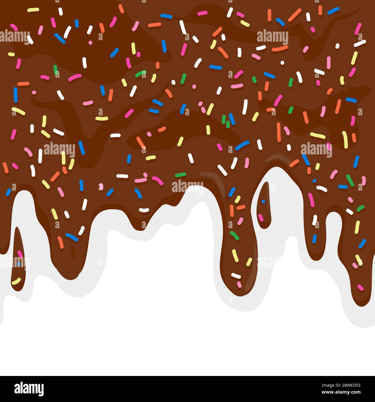 Melting chocolate ice cream frosting with colorful sprinkles on white ...