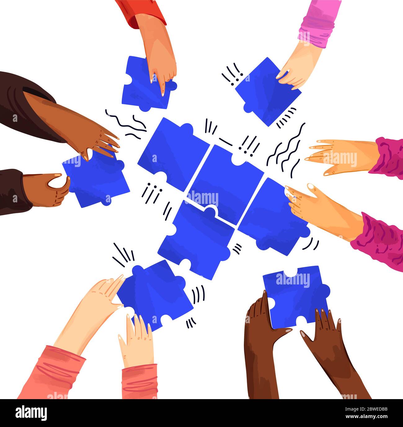 Hands of diverse people with puzzles vector illustration. Solving ...