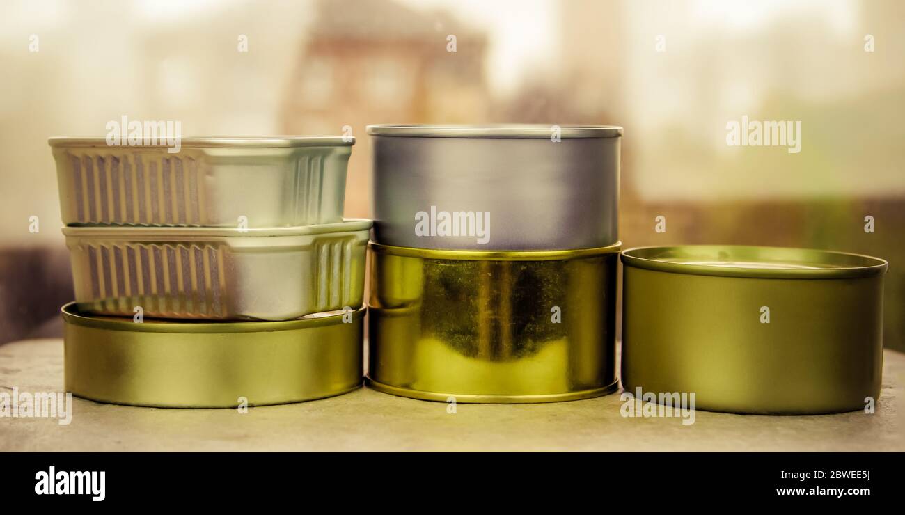 Long-term food supply: stew, meat, fish in cans of various shapes ...