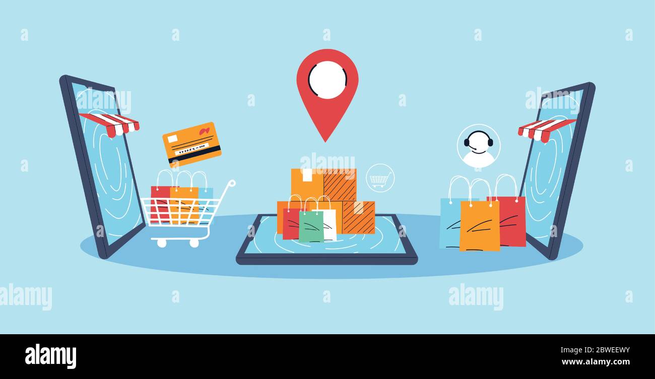 smartphones represent of front of shop store, shopping online, digital ...