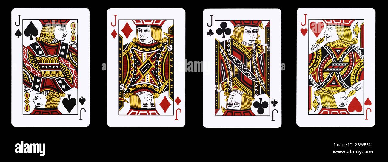 4 Jack in a row - Playing Cards, Isolated on black Stock Photo - Alamy