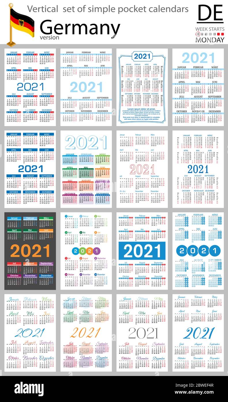 German vertical set of pocket calendars for 2021 (two thousand twenty ...