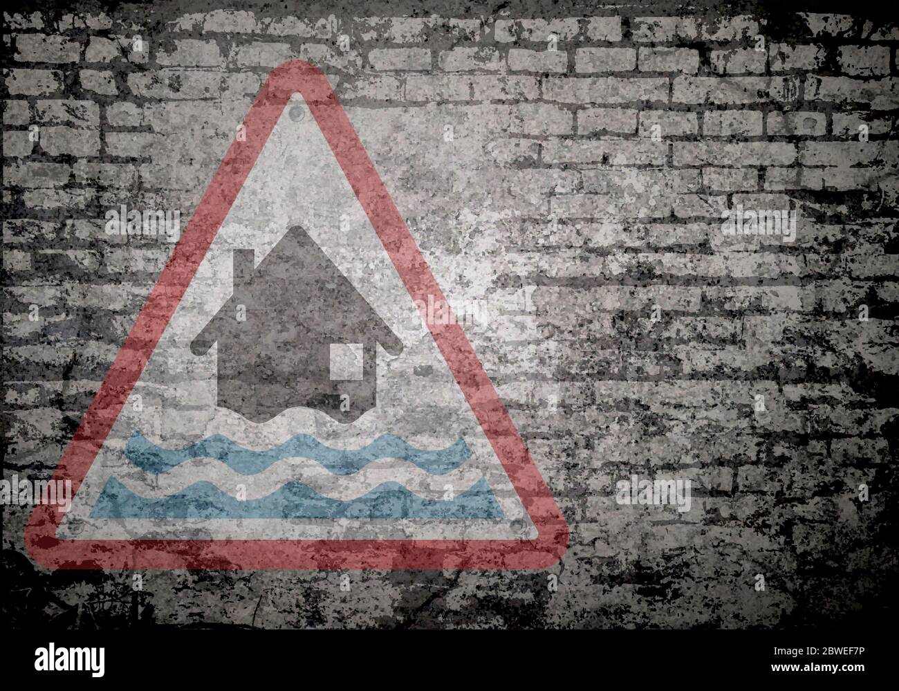 Grunge decayed faded brick wall background with flood warning sign with ...