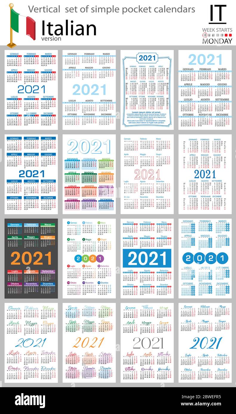 Italian vertical set of pocket calendars for 2021 (two thousand twenty ...