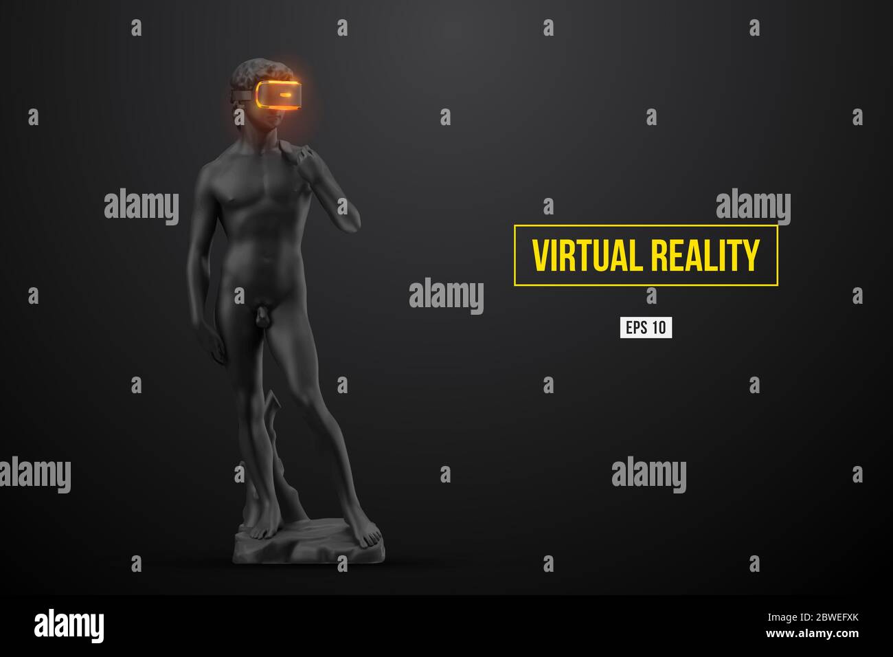 VR headset with neon light. 3d render of the statue of David, man ...