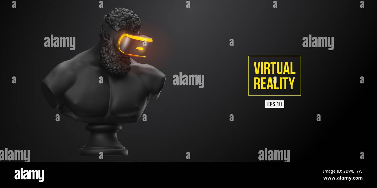 VR headset with neon light. 3d render of the statue of Hercules, man ...