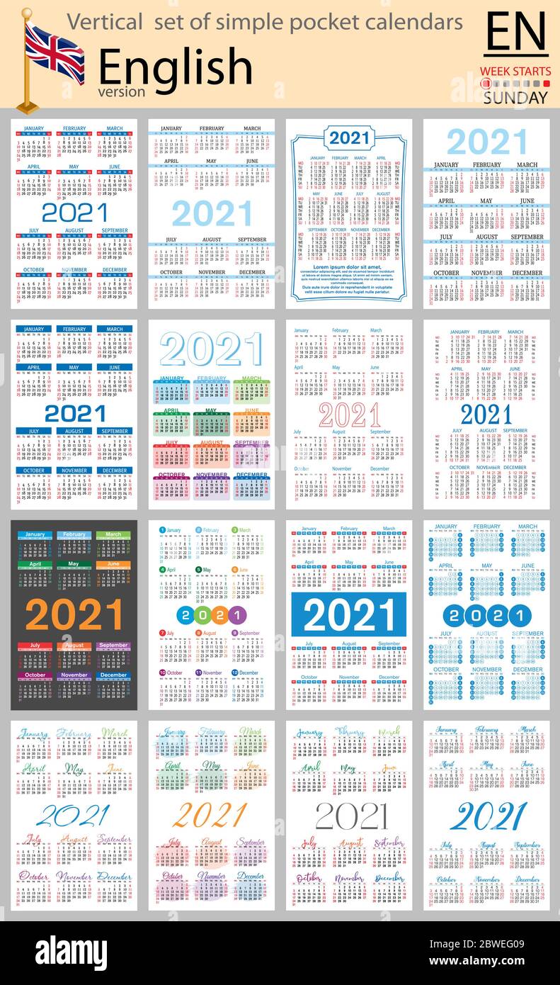 English vertical set of pocket calendars for 2021 (two thousand twenty ...