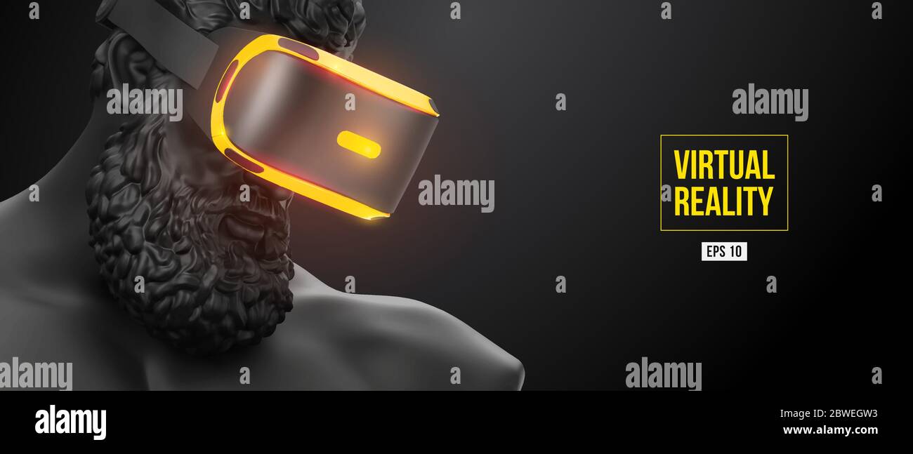 VR headset with neon light. 3d render of the statue of Hercules, man ...