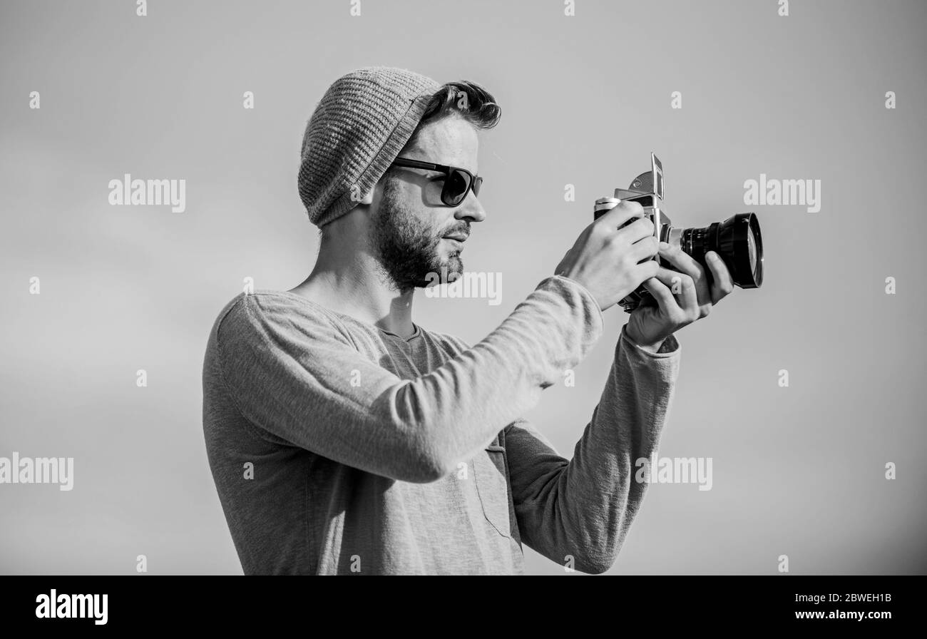 Manual settings. Photojournalist concept. Travel blogger. Professional ...