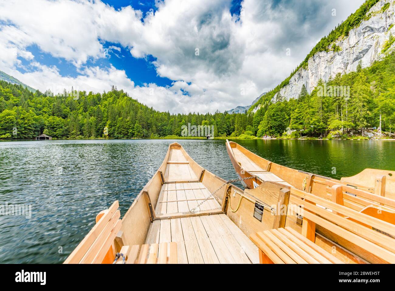Beautiful view of traditional wooden rowing boat on scenic. Summer ...
