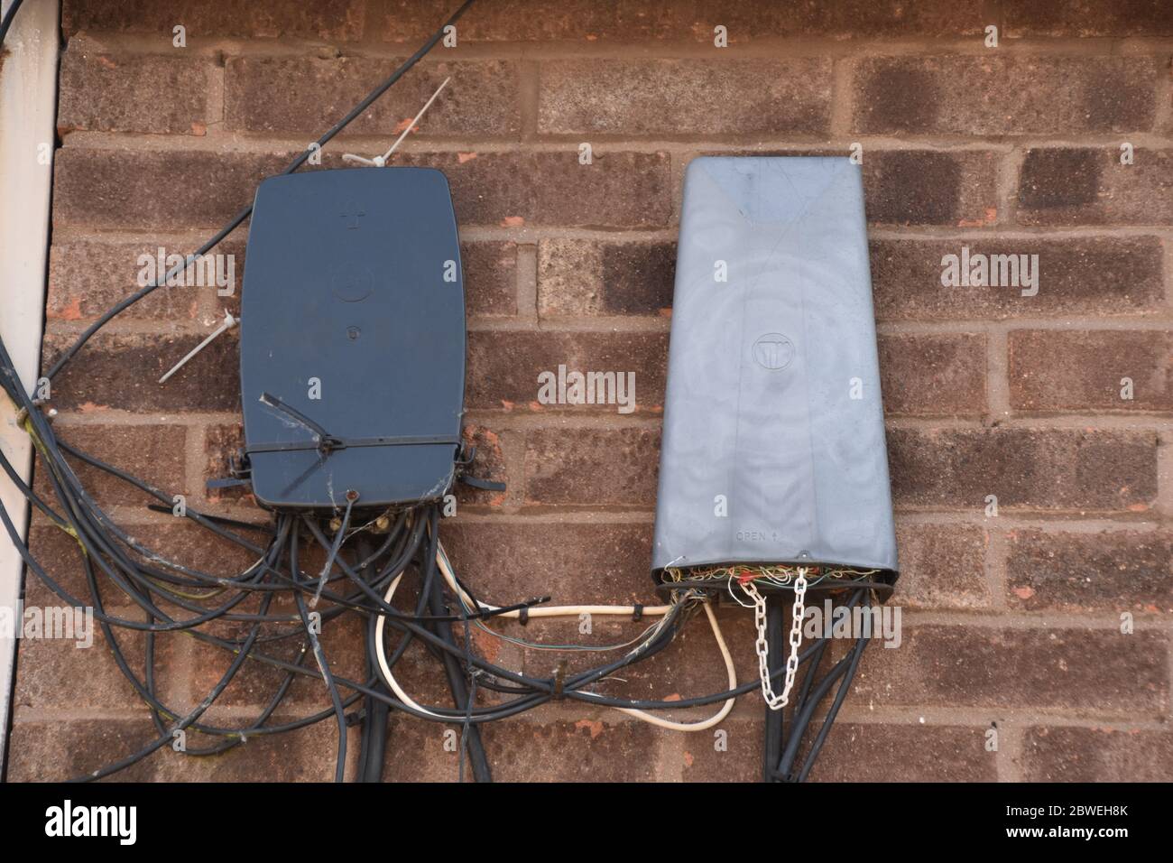 Two different BT distribution points / DP’s on a wall with wires going ...