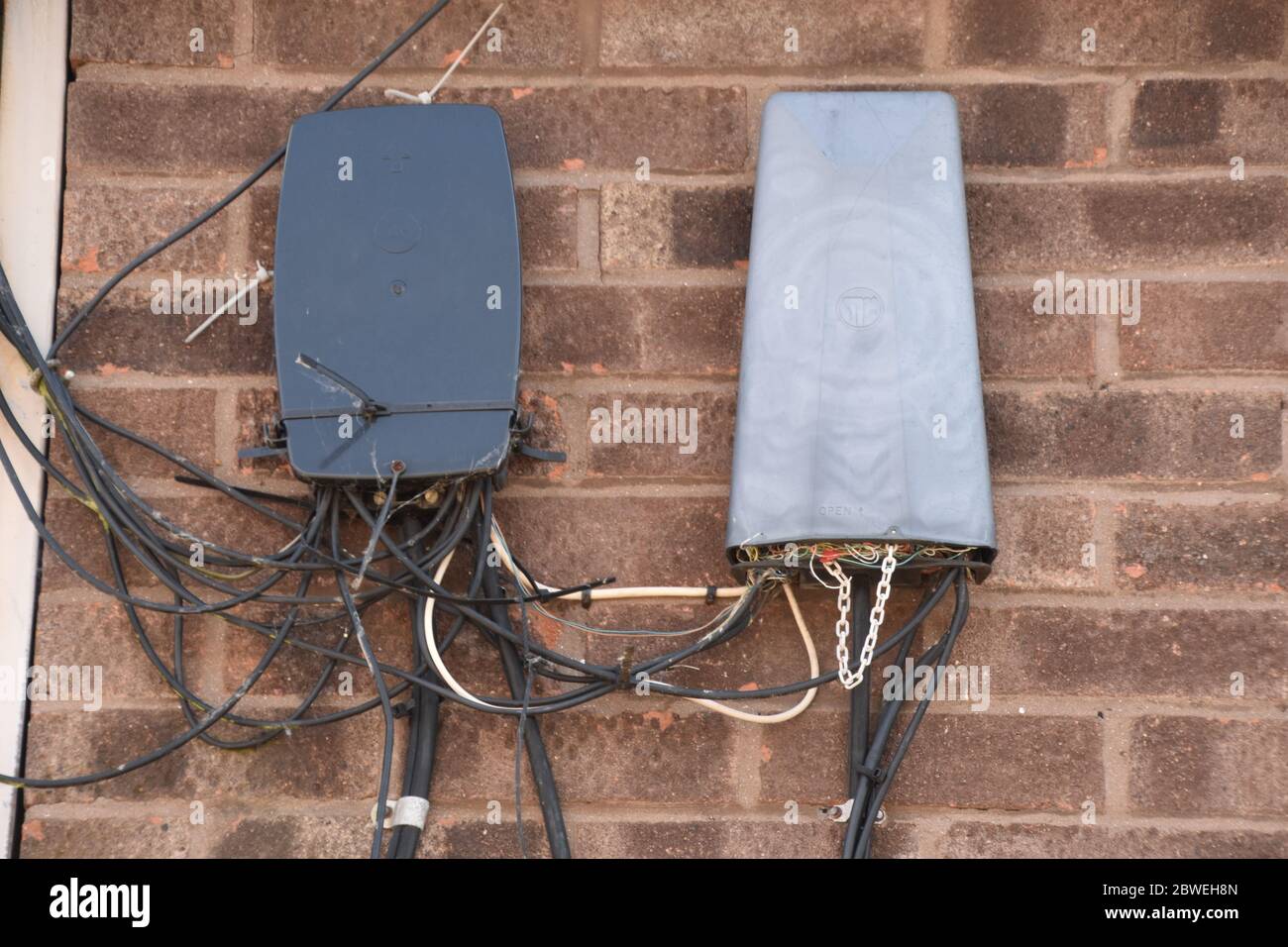Two different BT distribution points / DP’s on a wall with wires going ...