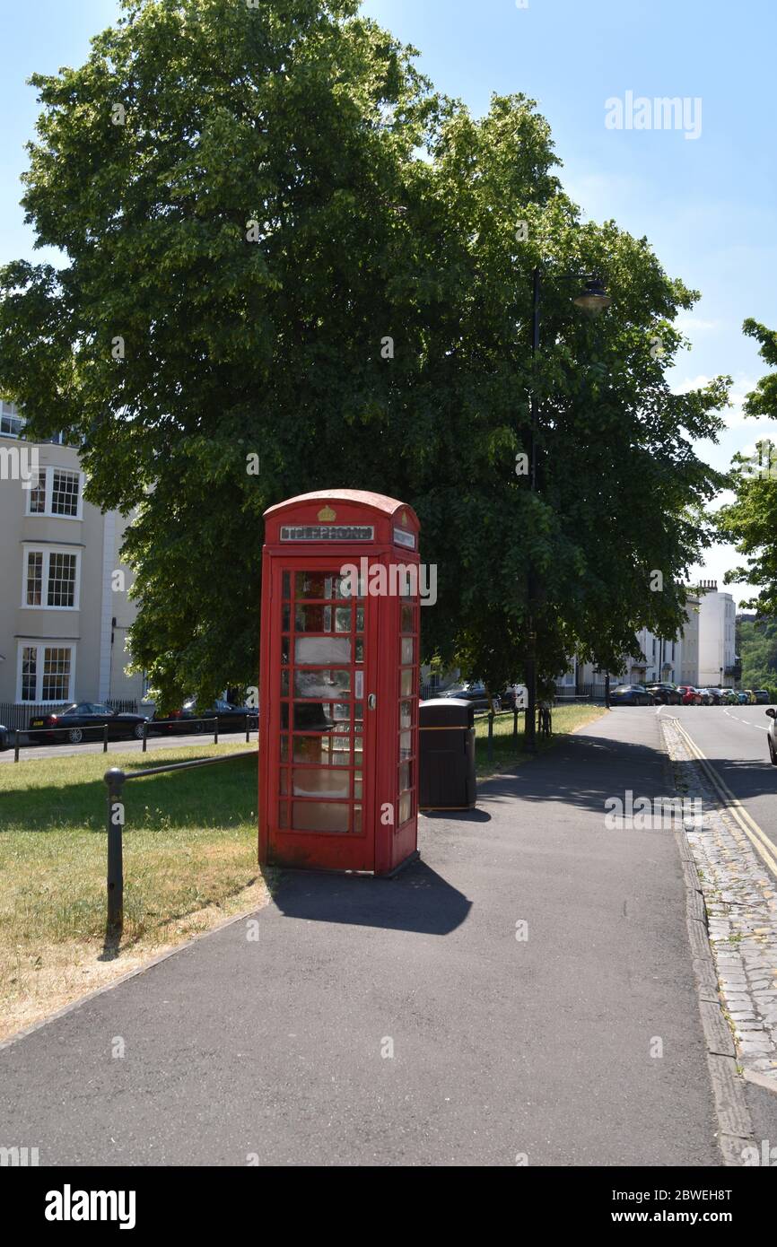 A traditional red British Telecom telephone box in Clifton, Bristol ...