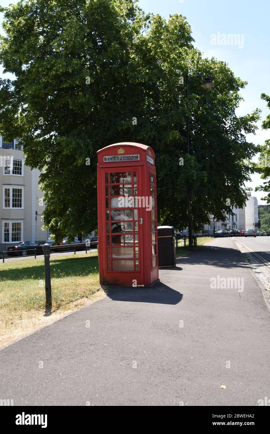 A traditional red British Telecom telephone box in Clifton, Bristol ...