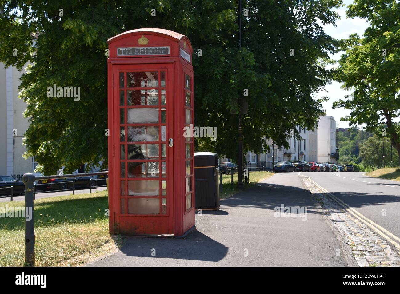 A traditional red British Telecom telephone box in Clifton, Bristol ...