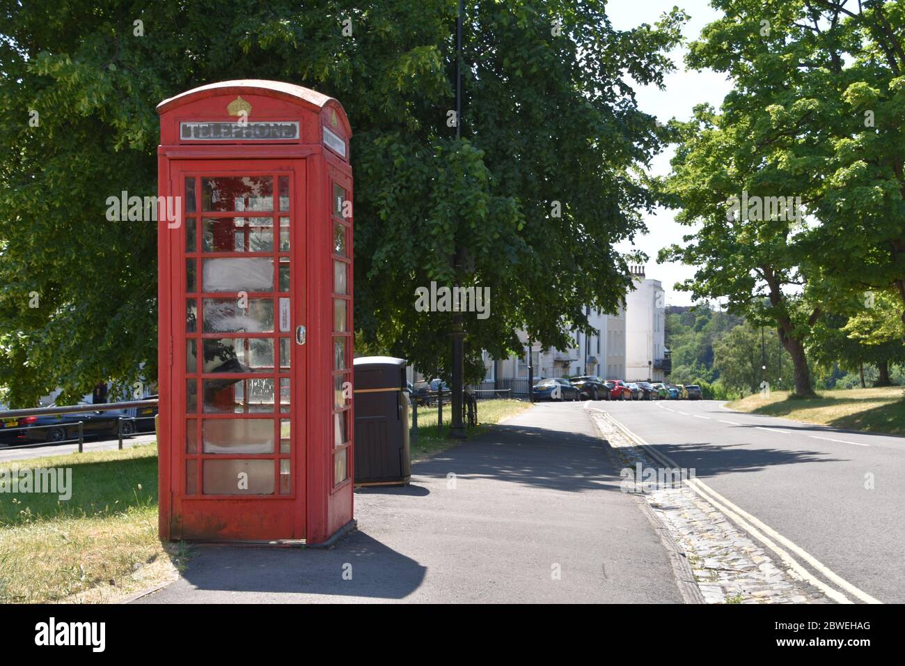 A traditional red British Telecom telephone box in Clifton, Bristol ...