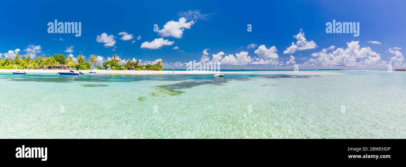 Amazing Maldives island panorama. Luxury beautiful beach scene, palm ...