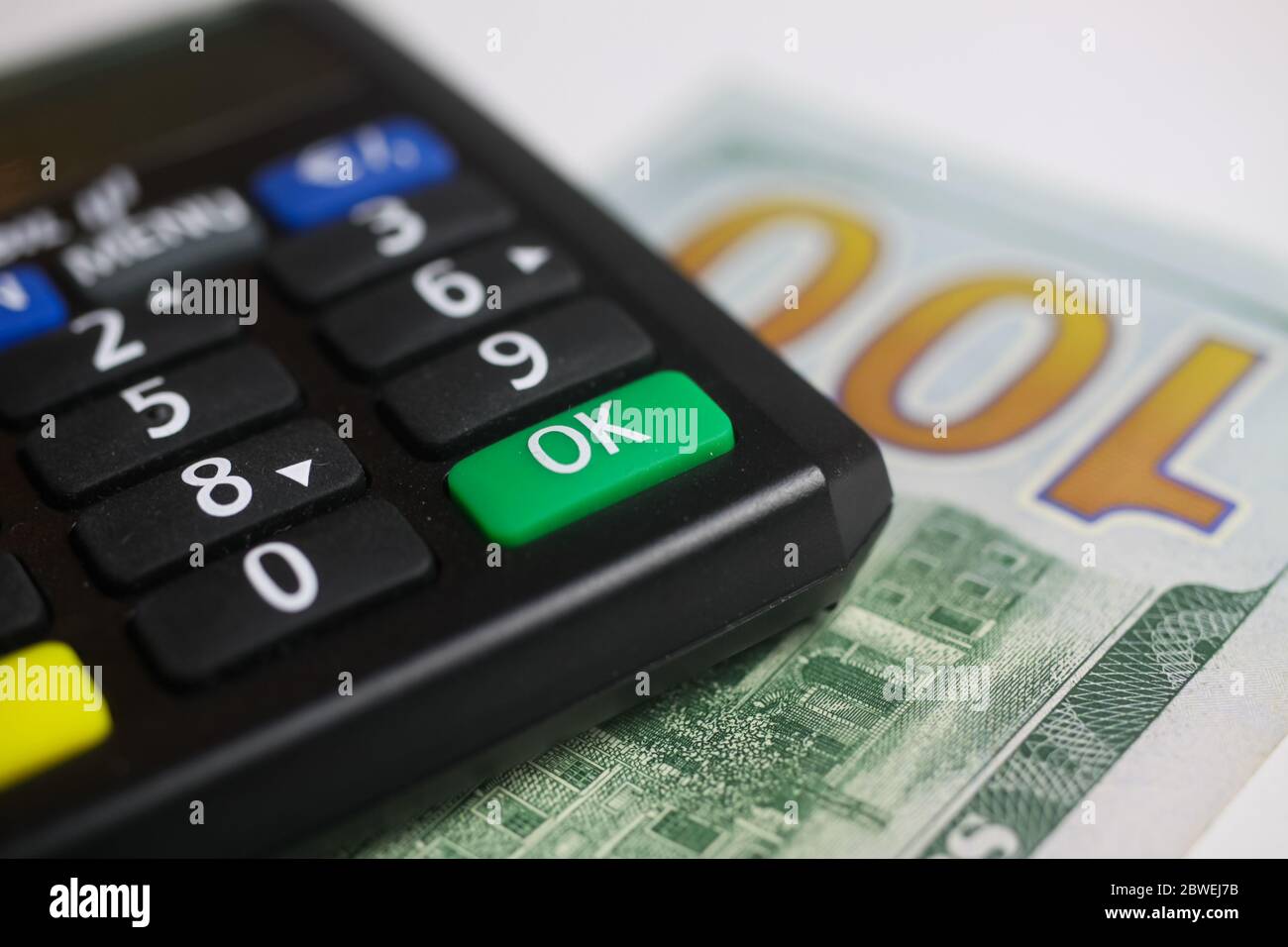 Bank transfer and account balance concept: Isolated calculator with 100 ...