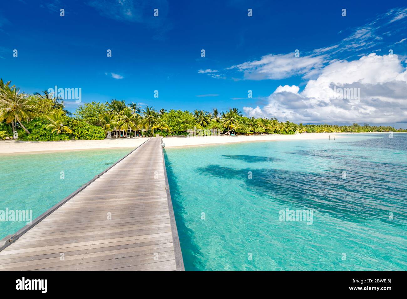 Amazing beach scene, long jetty into the palm trees. Maldives, paradise ...