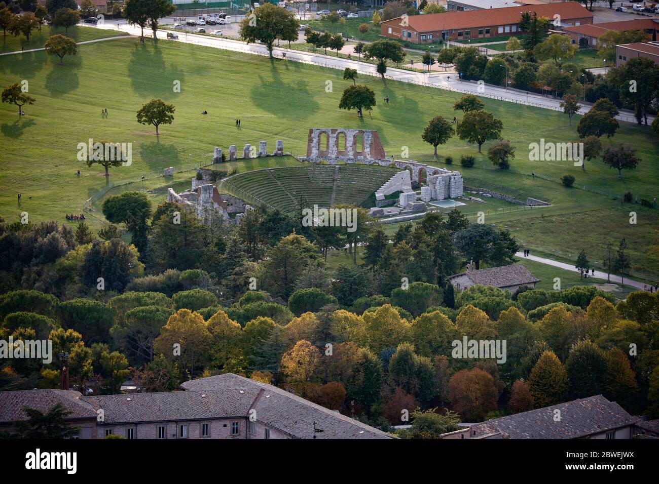 remote view of the Roman Amphitheatre of Gubbio, seen from Mount Ingino ...